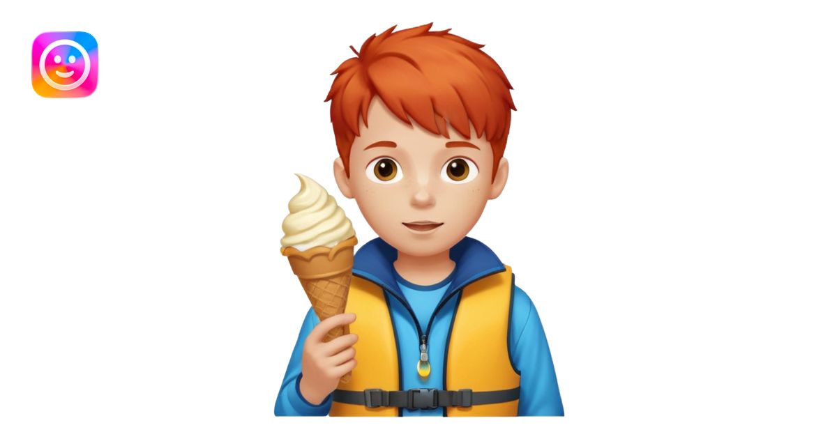 boy kid red haired wearing lifejacket, eating ice cream, sun emoji | AI ...