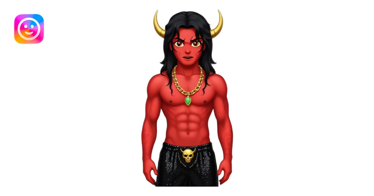 Satan with red skin, long black hair, black sequin baggy pants ...