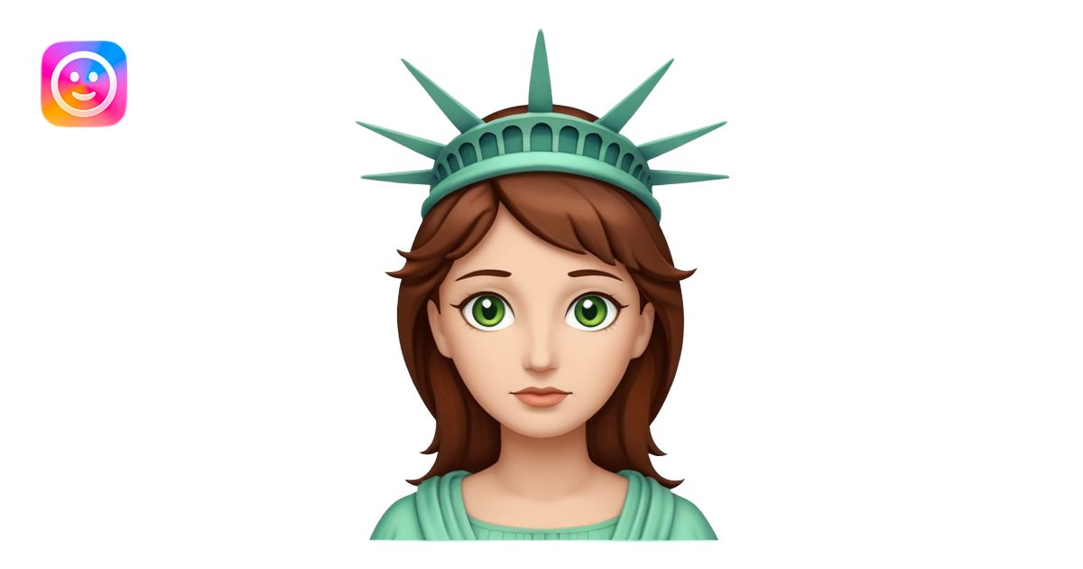 Lady Liberty with green eyes, brown hair emoji | AI Emoji Generator