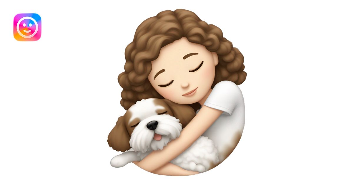 White girl brown hair sleeping with Mini Bichon emoji | AI Emoji Generator