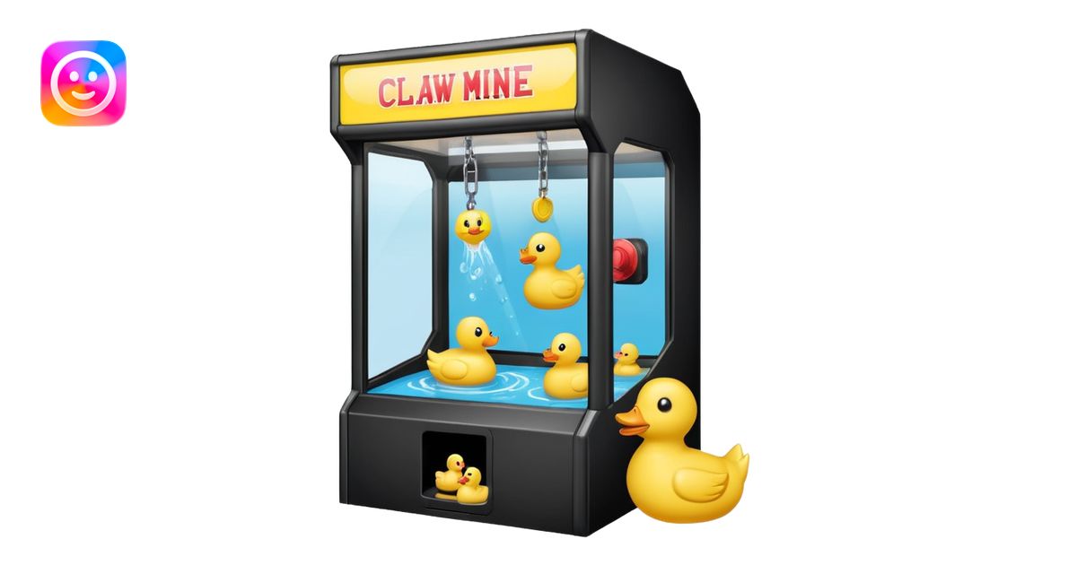 Claw machine arcade game with crane picking up a rubber ducky emoji ...