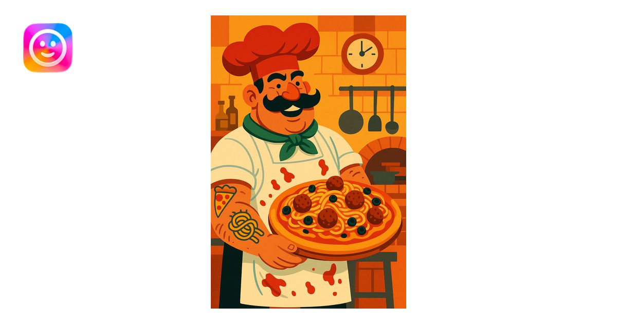A tall, burly Italian chef with a thick black mustache and a big red ...