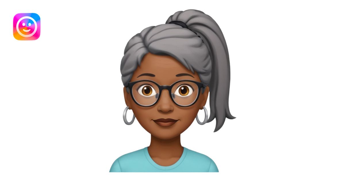 emoji of a black older women with black and gray hair in a ponytail ...