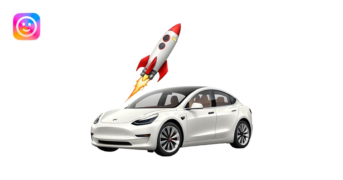 Tesla model 3 white. Icon. Rocket boost on roof emoji | AI Emoji Generator