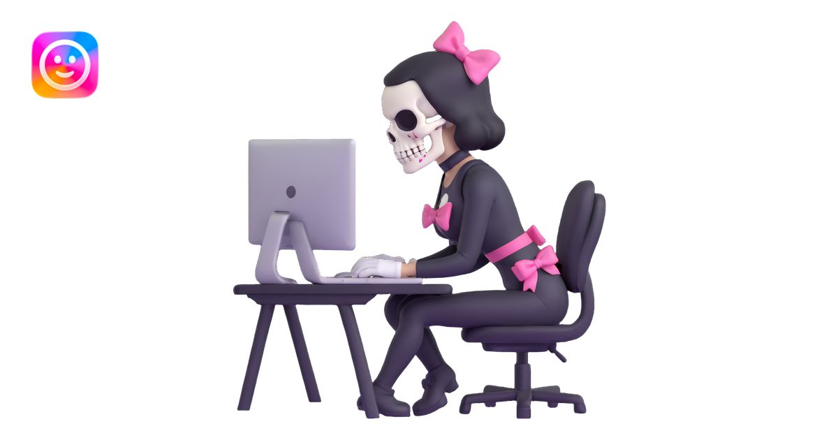 female Punisher skull character with pink bow working on computer emoji ...