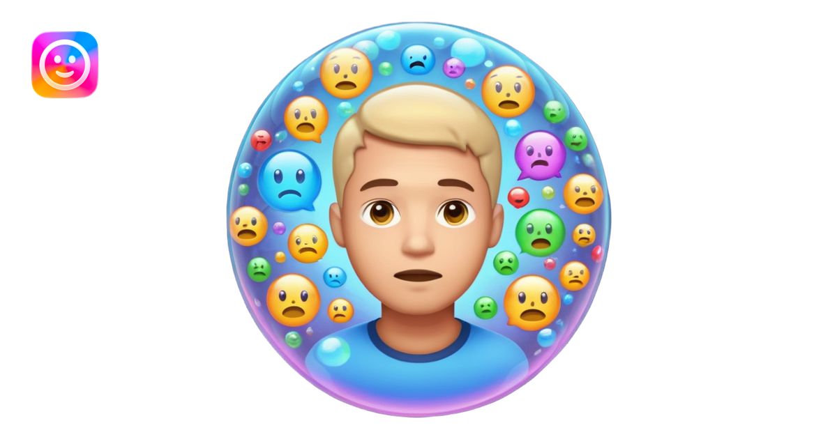 Realistic emoji-style man trapped inside a glowing filter bubble. The ...
