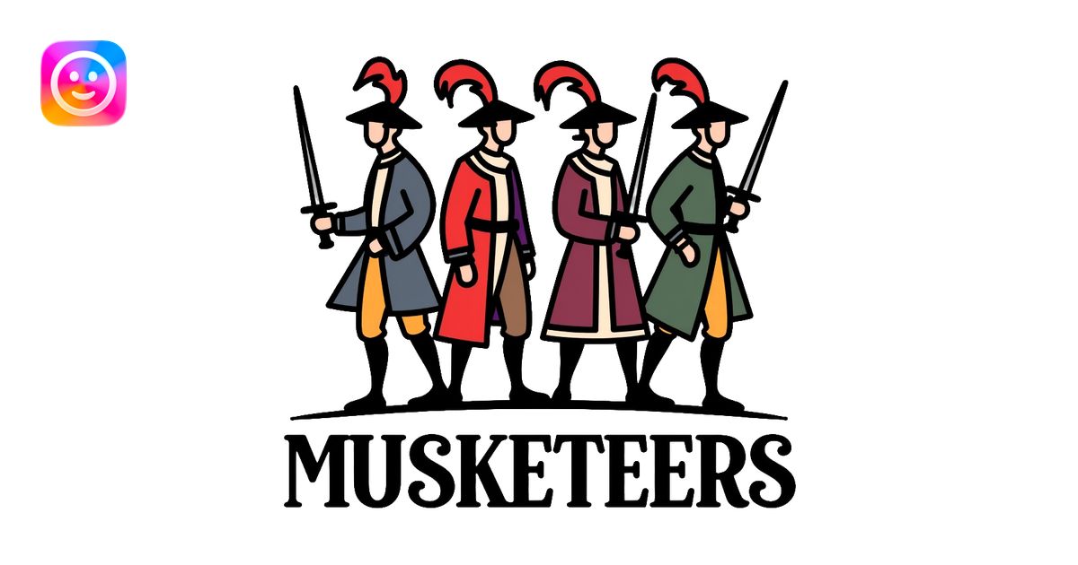 Four musketeers with feathered hats and swords with the text "4 Musketeers" icon | AI Emoji ...