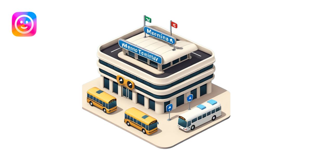A 3D cartoon bus terminal with multiple buses parked, roofed structure ...