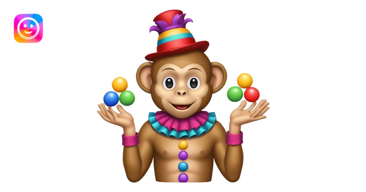 Monkey clown juggling balls, half body emoji | AI Emoji Generator