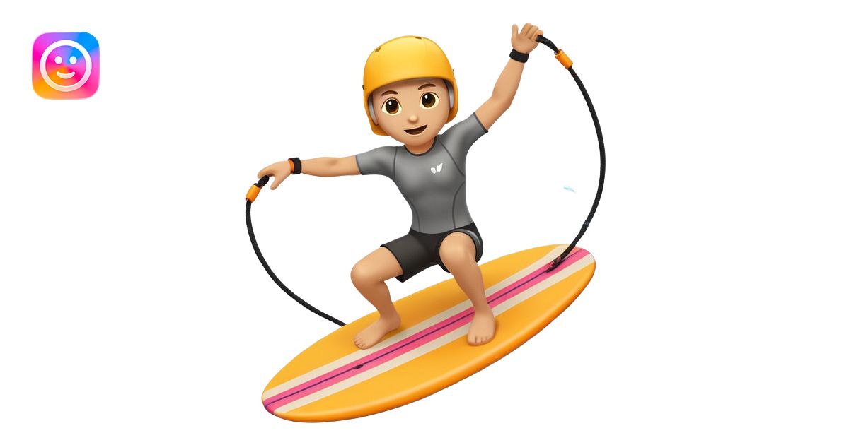 "Apple 3D emoji-style character wakeboarding mid-jump, with arms ...