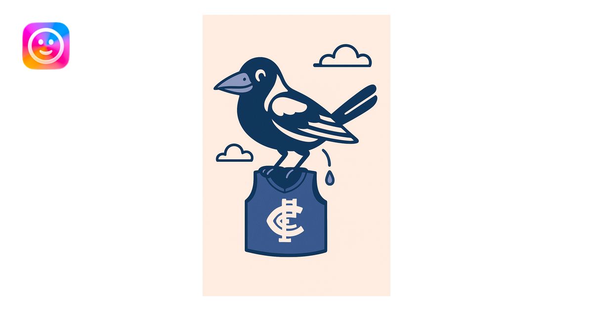 playful cartoon magpie in Collingwood colors pooping on a blue Carlton ...
