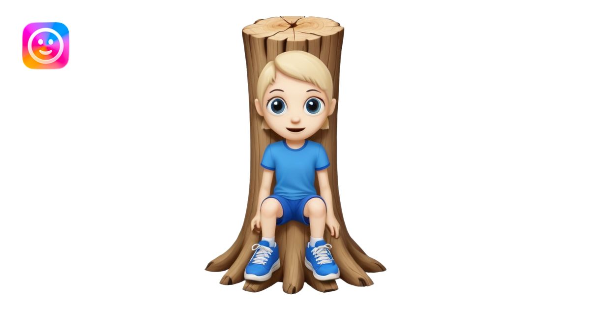 skinny wooden stump character with big eyes and creepy smile, wearing ...