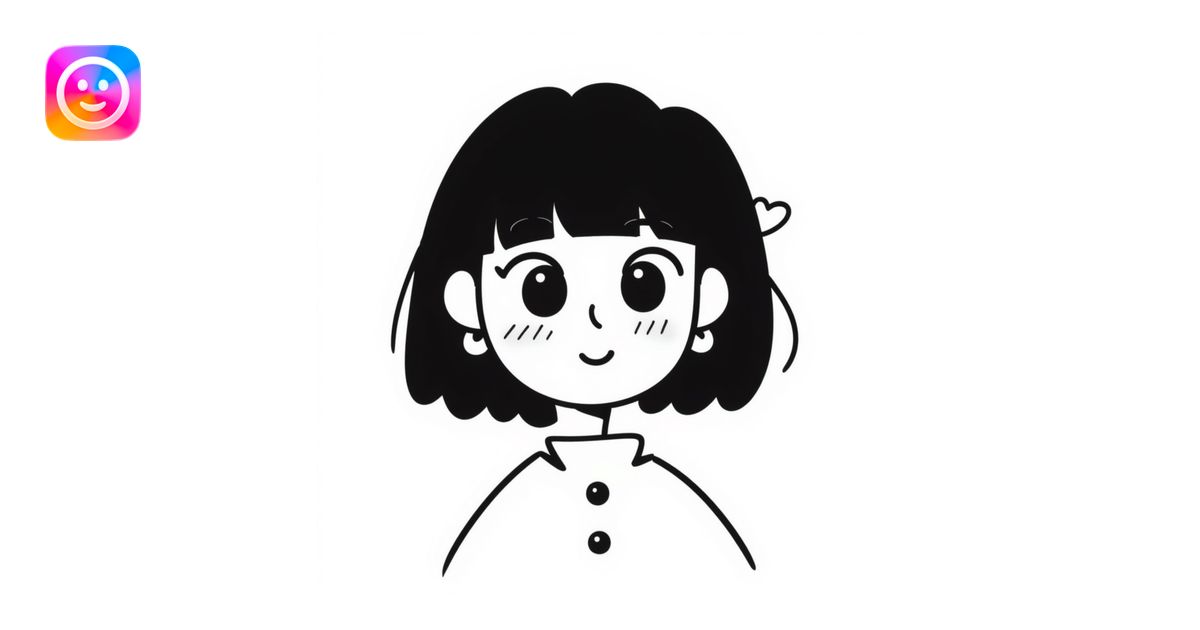 cute girl with blunt bangs, mid-short hair, big eyes, hand-drawn doodle ...