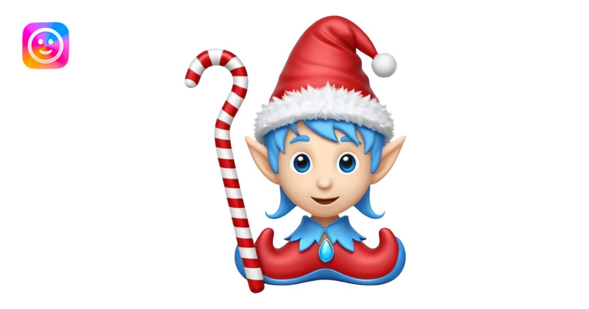 blue emoji creature with elf hat, small quills, candy-cane shoes, 3D ...