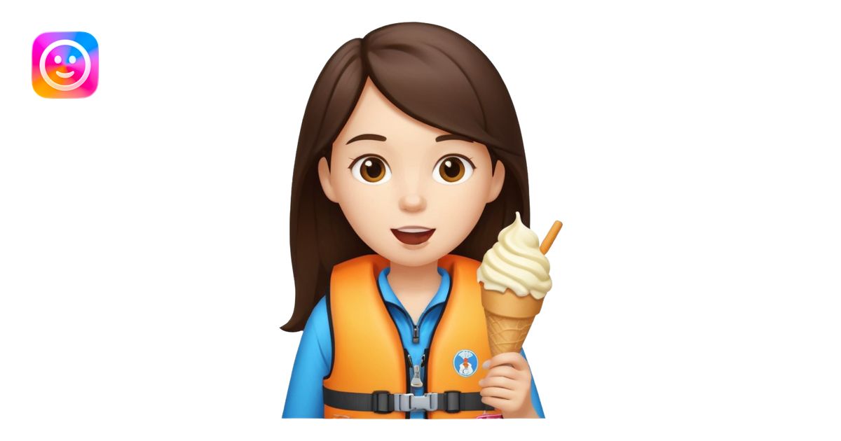 girl brunet kid wearing lifejacket, eating ice cream emoji | AI Emoji ...