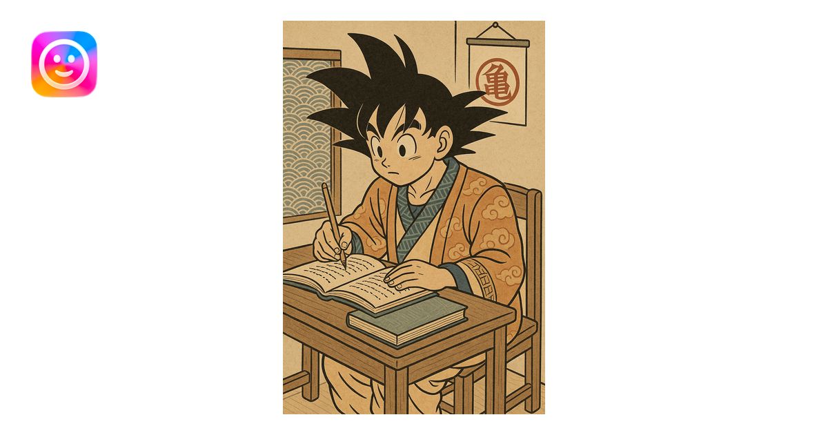 Goku as a student, sitting at a desk, studying, with spiky hair, anime ...