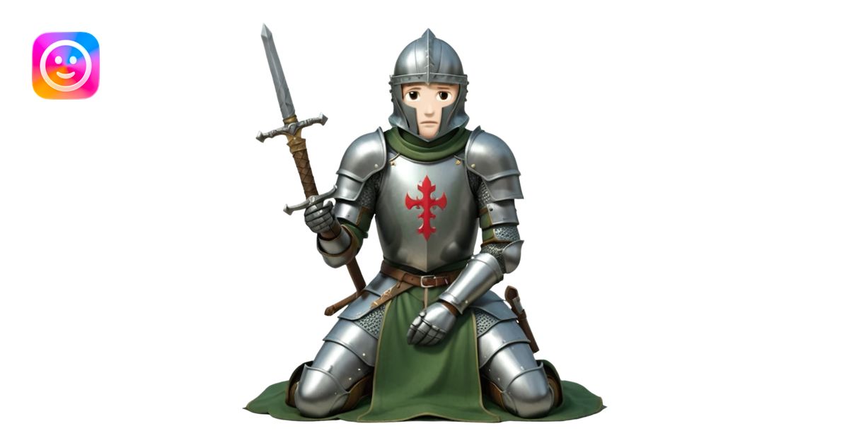 A lone medieval knight in a green worn armor kneels. His helmet is ...