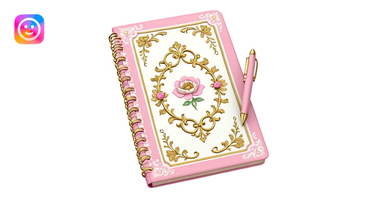 Notebook rococo style, gold and pink and white. angled view. with pen ...