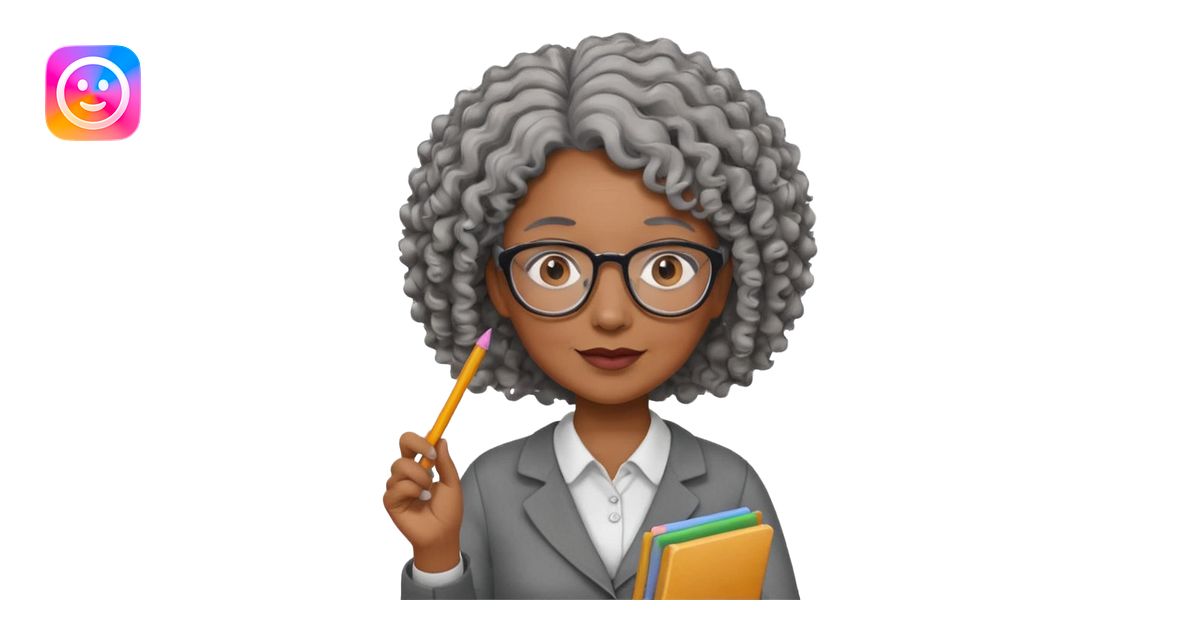 woman teacher, brown skin, curly grey hair, old, wearing glasses, hold ...