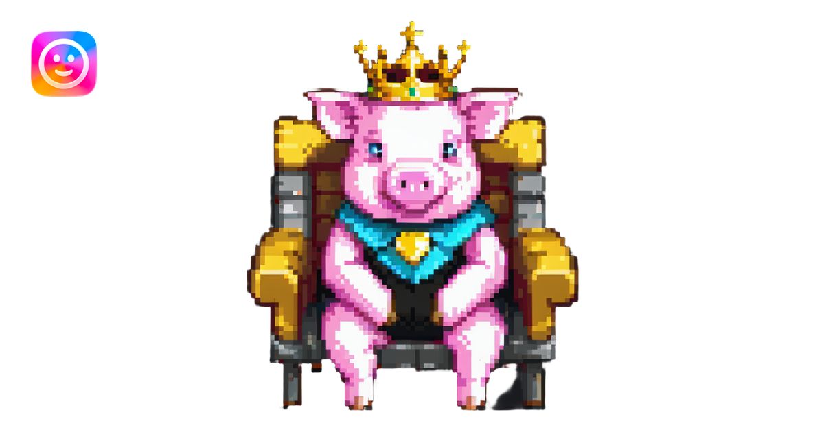 cartoon-like pixel art pig with a golden crown sitting on a throne ...