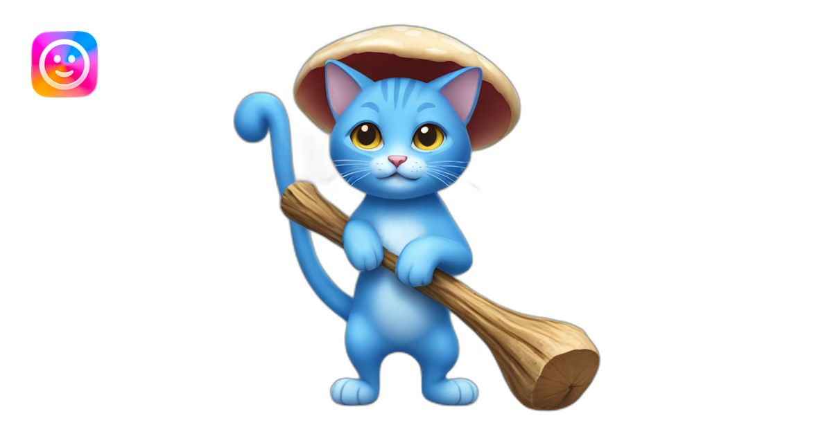 Cute Blue Cat NO ears wearing a mushroom cap carrying a stick emoji ...