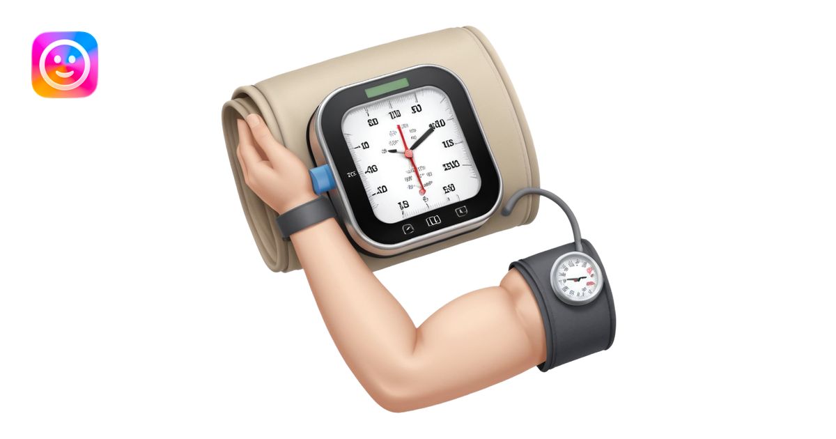 blood pressure cuff wrapped around upper arm with dial reading emoji ...