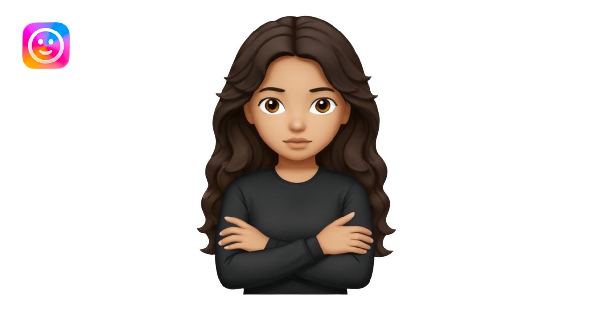 Hispanic girl dark long wavy hair crossing her arms with slight pout ...