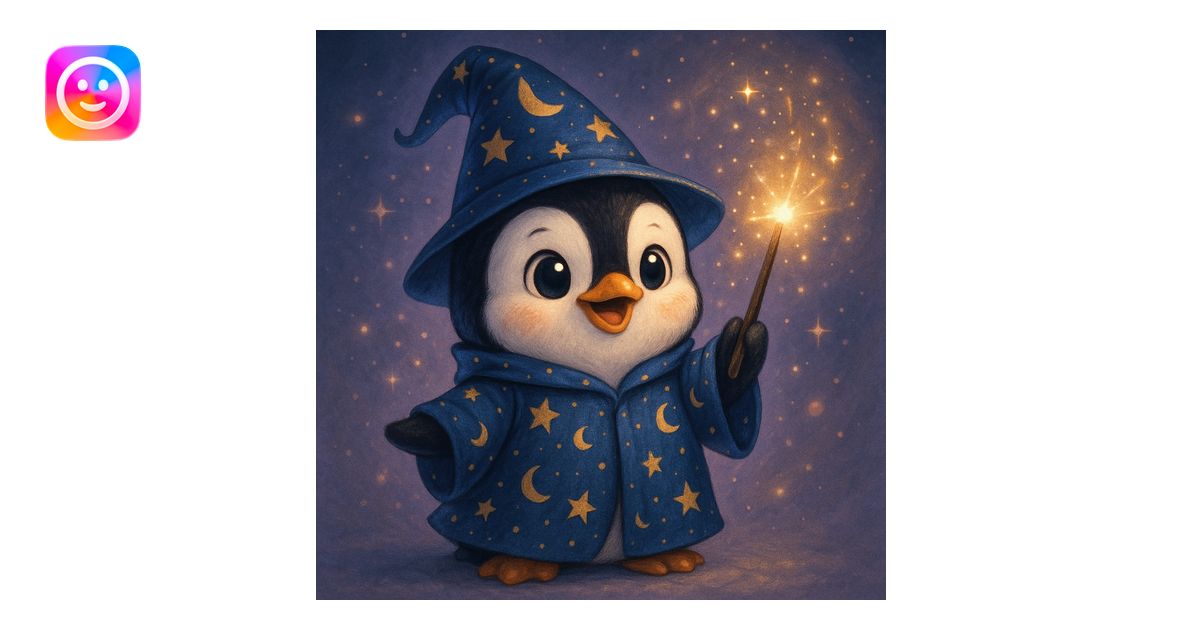 A cute penguin wizard with a starry robe and a glowing wand, casting a ...