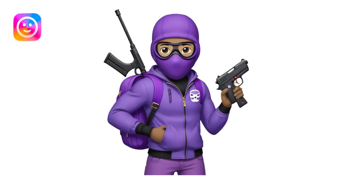 YN wearing a ski mask, holding a gun, purple jeans, Sprayground bookbag ...