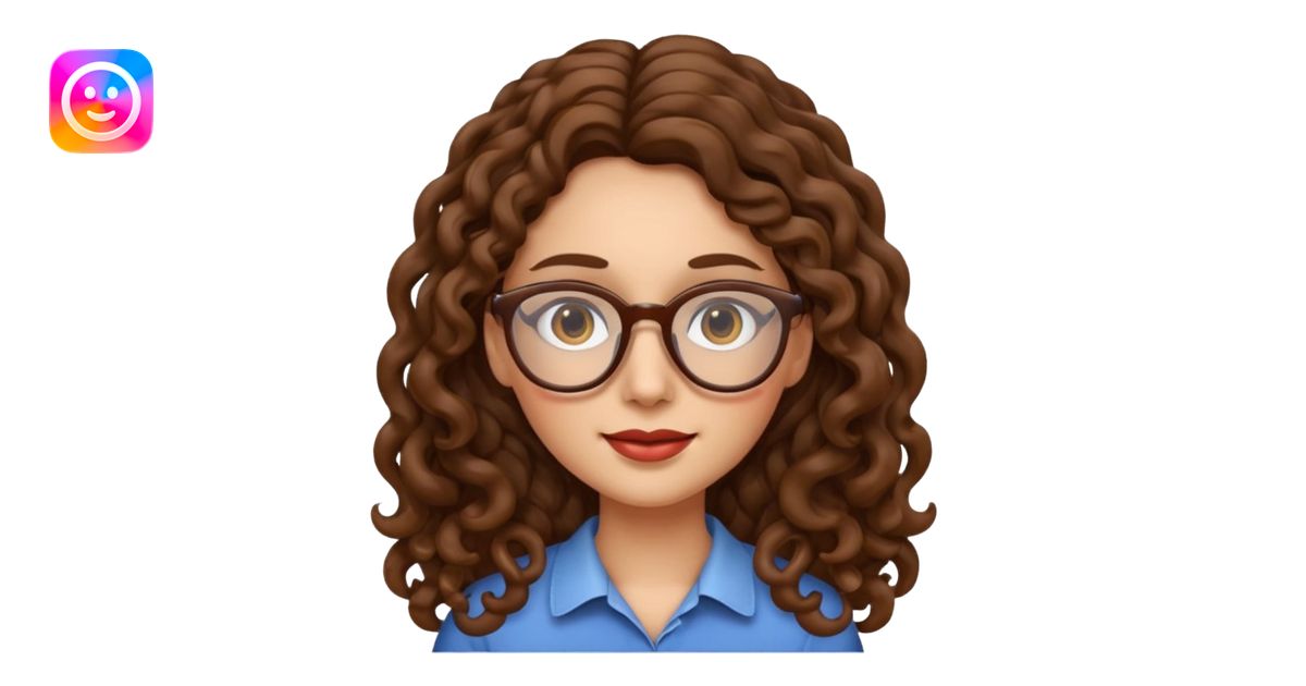 apple style emoji of a female face with long curly hair and glasses ...