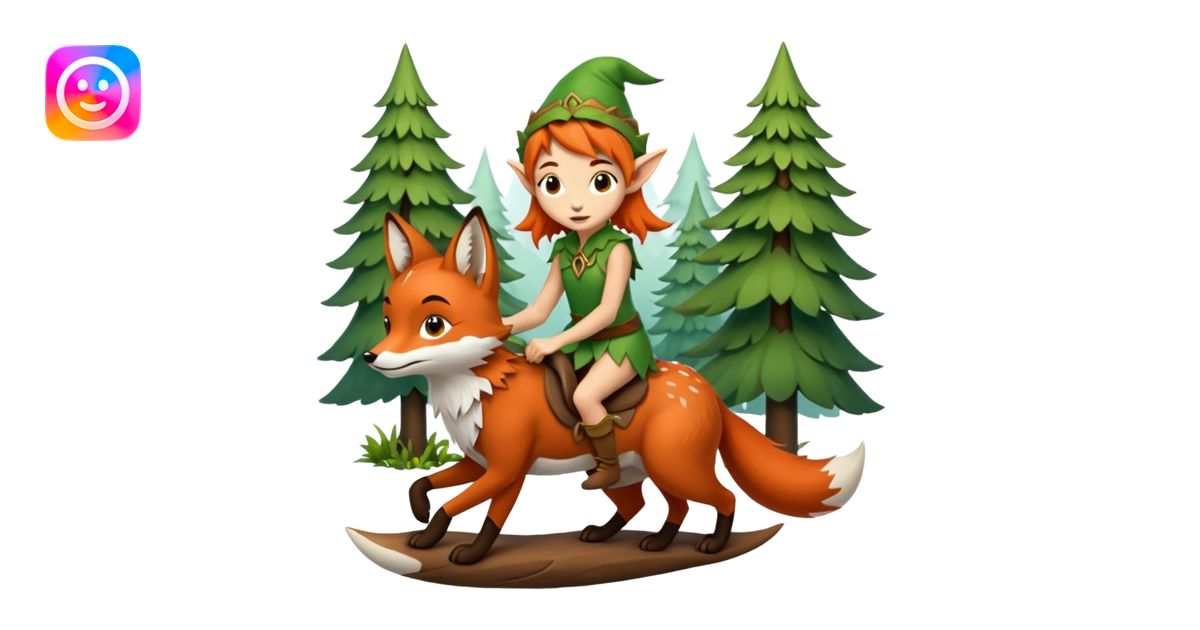 tiny forest elf with freckles riding fox emoji | AI Emoji Generator