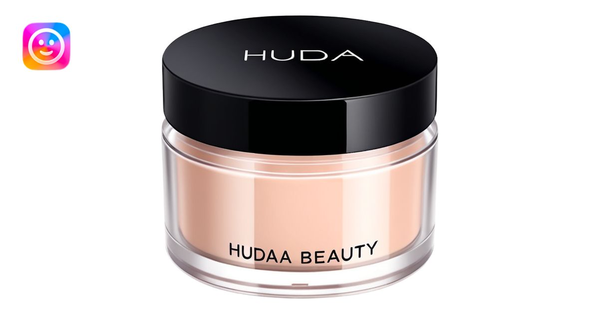 Create an emoji of Huda Beauty loose powder in its round, flat jar ...
