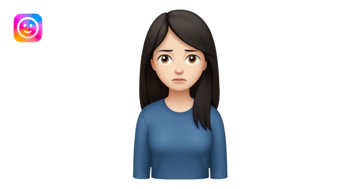 "Cartoon emoji of a woman with long, loose dark hair, wearing plain ...