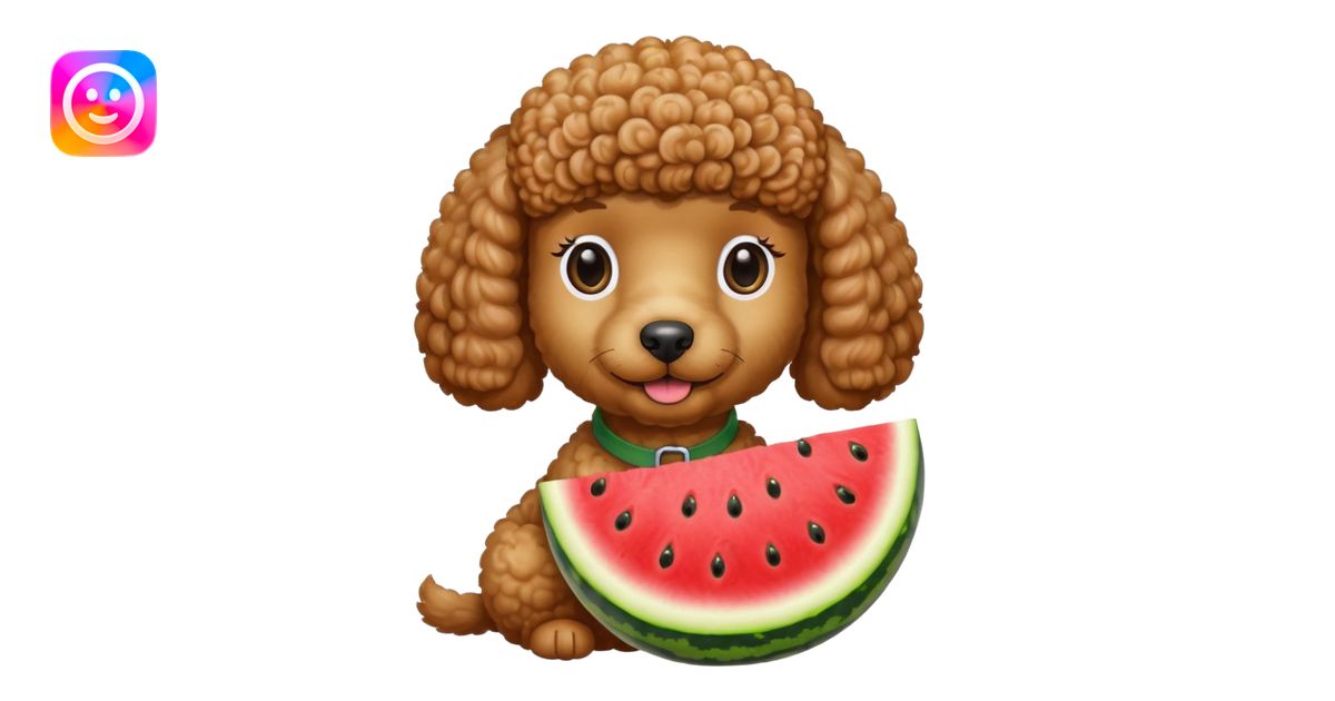 poodle with brown eyebrows holding a watermelon emoji | AI Emoji Generator