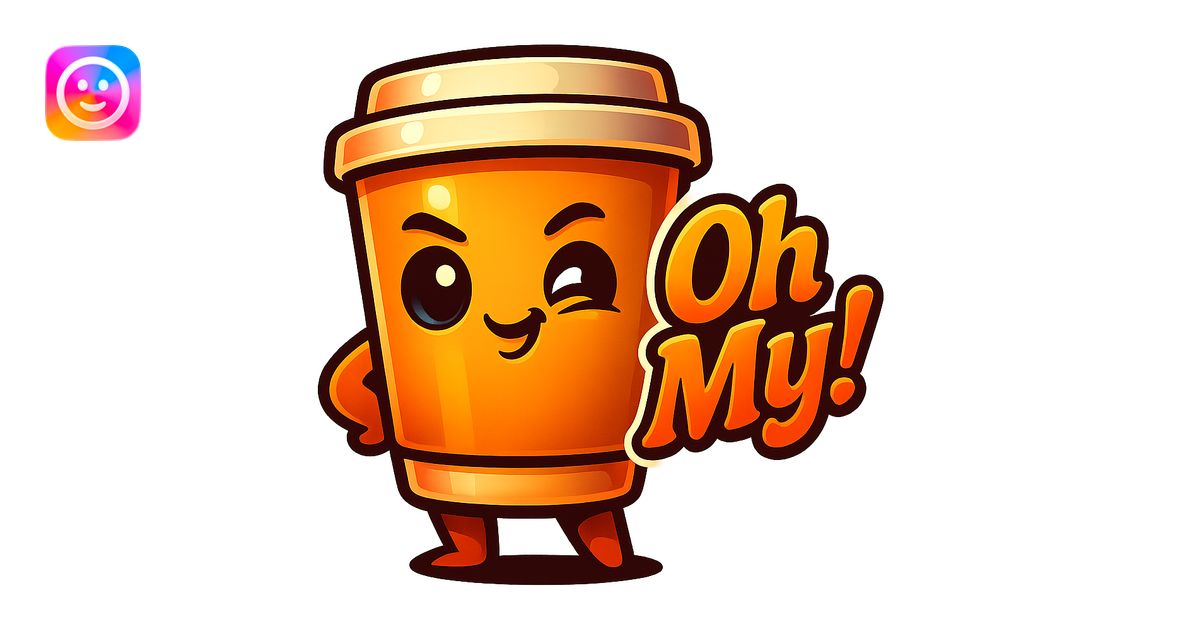 Tall coffee cup, mischievous smirk, looking sideways, big "Oh My ...