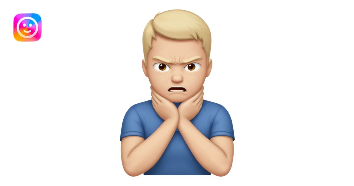 Grabbing throat with hands and looking angry with arms crossed and ...