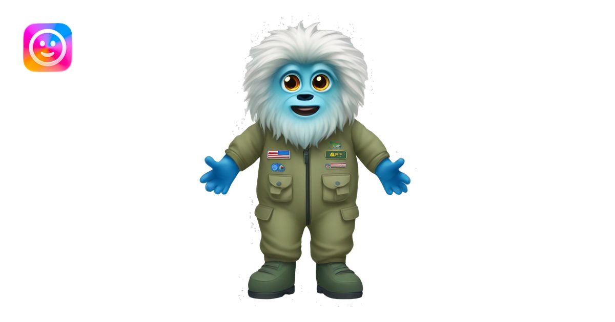 A yeti with big eyes wearing a khaki green flight suit with blue hands ...
