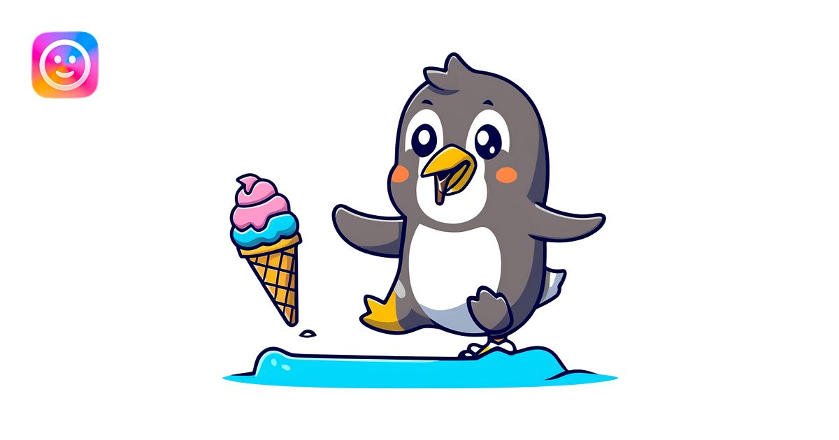 Clumsy penguin slipping on ice with ice cream cone image | AI Emoji Generator