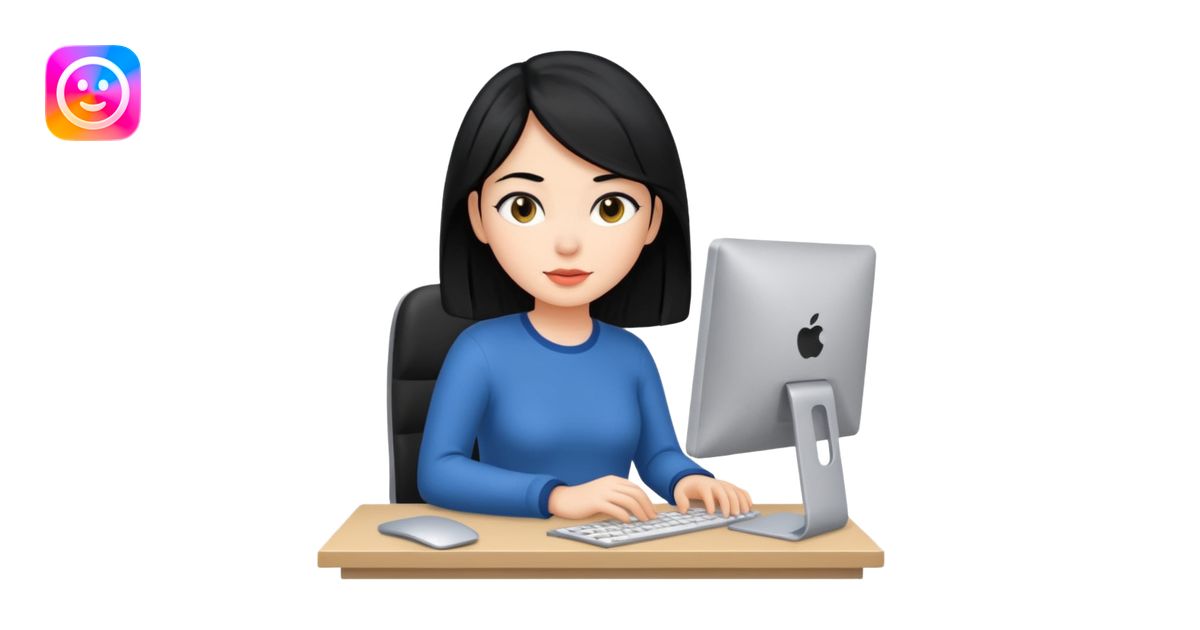 Girl with black hair working at a computer desk emoji | AI Emoji Generator