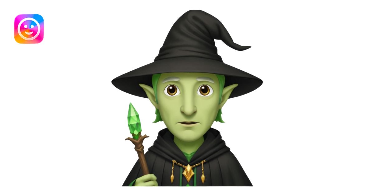 Green-skinned male wizard with a long nose, wearing a black hat and ...