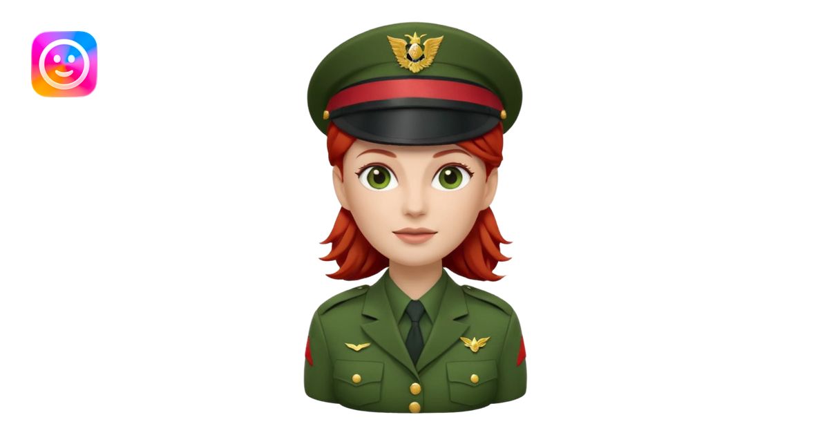 iOS Memoji style, white woman, red hair, green military officer uniform ...