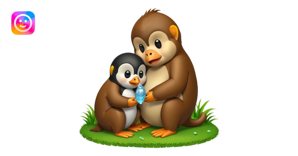 A monkey melting and crying while having a penguin on its head and both ...