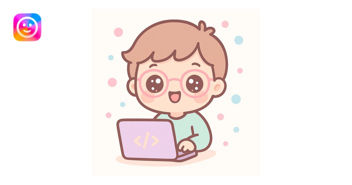 programmer, kawaii cartoon style, cute, big eyes, cheerful expression ...