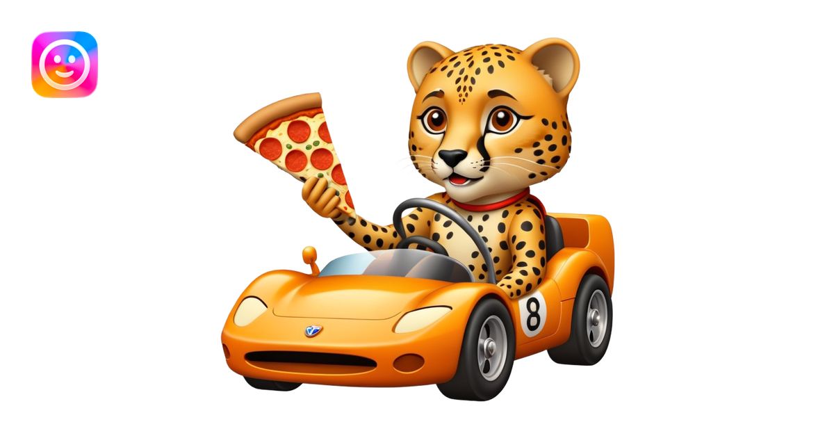 A cheetah in a race car eating a slice of pizza emoji | AI Emoji Generator