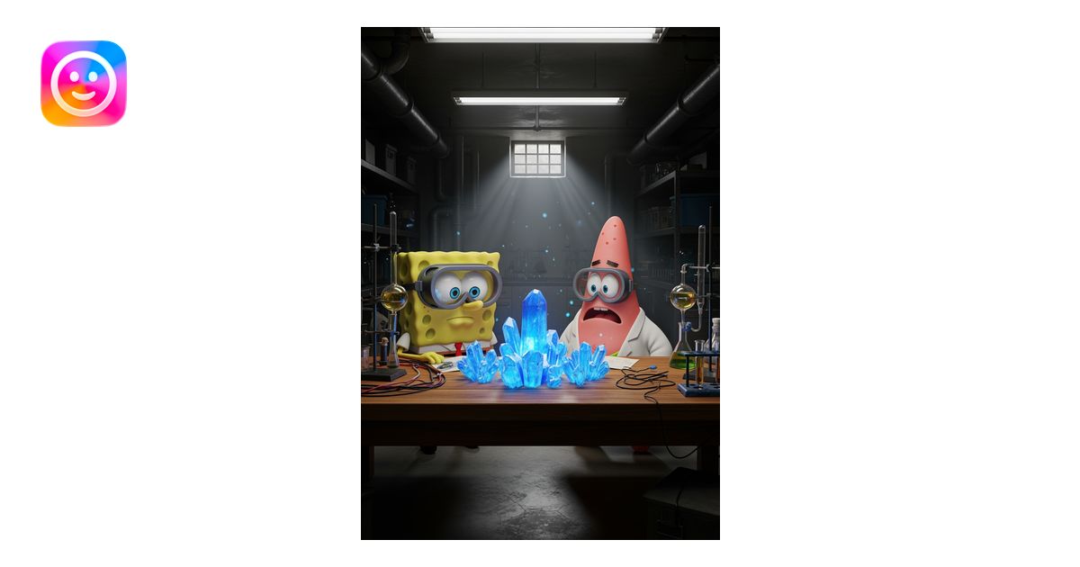 3D cienmatic cartoon shot, spongebob and patric dress in safety glasses ...