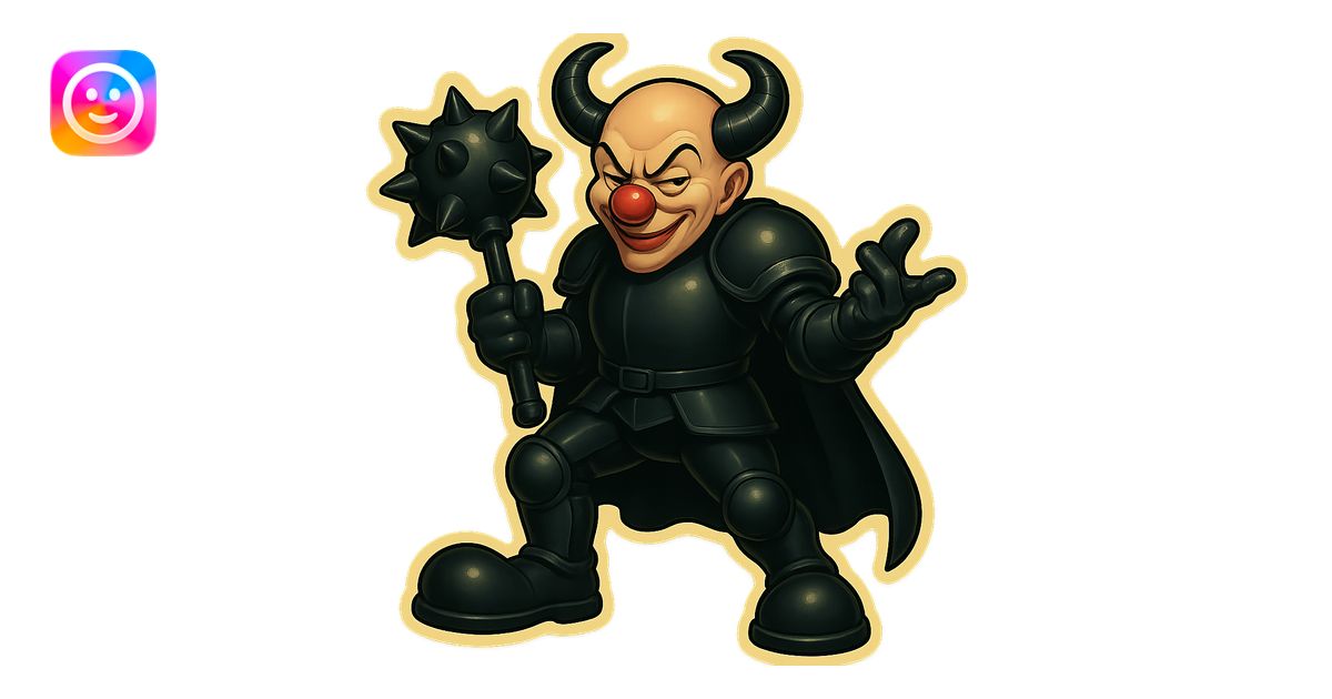 An evil armored clown with no hair, ram horns pointing up, masculine ...
