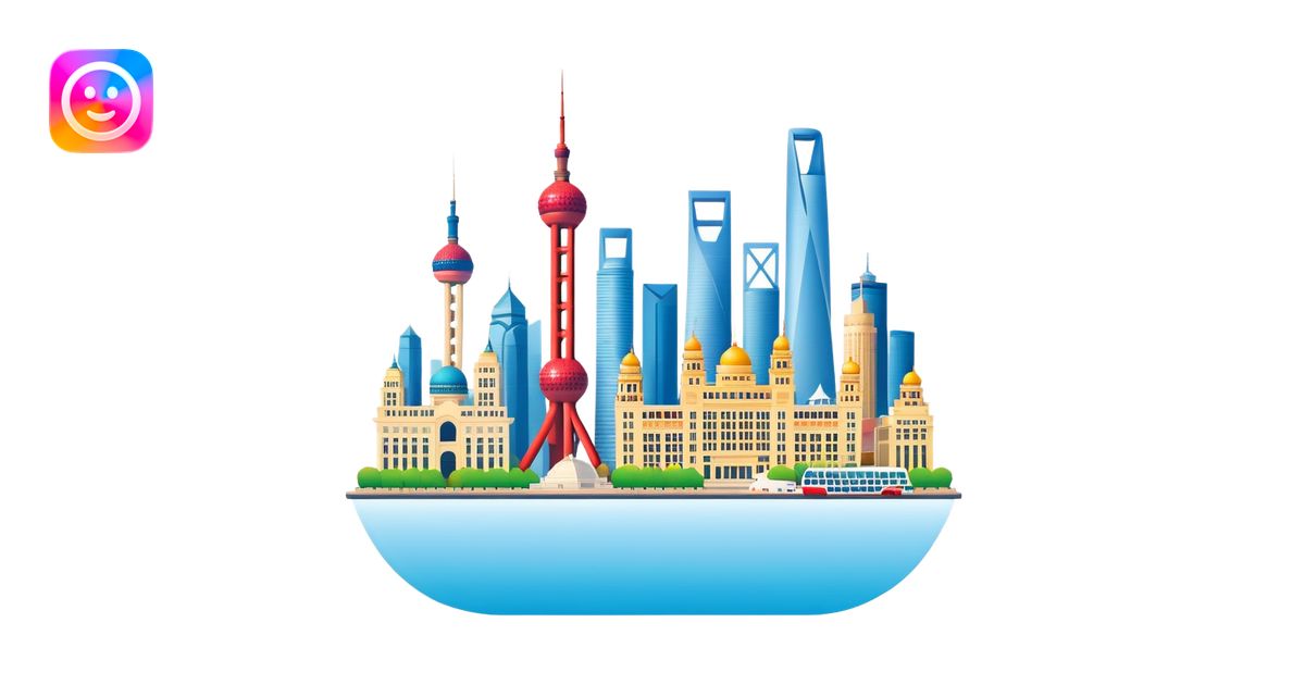 Shanghai The Bund skyline, simplified emoji style with bold outlines ...