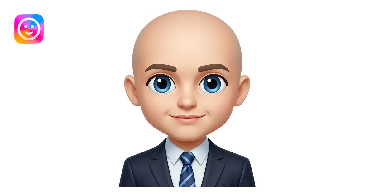 totally bald person with blue eyes and a suit and tie with a kawai face ...