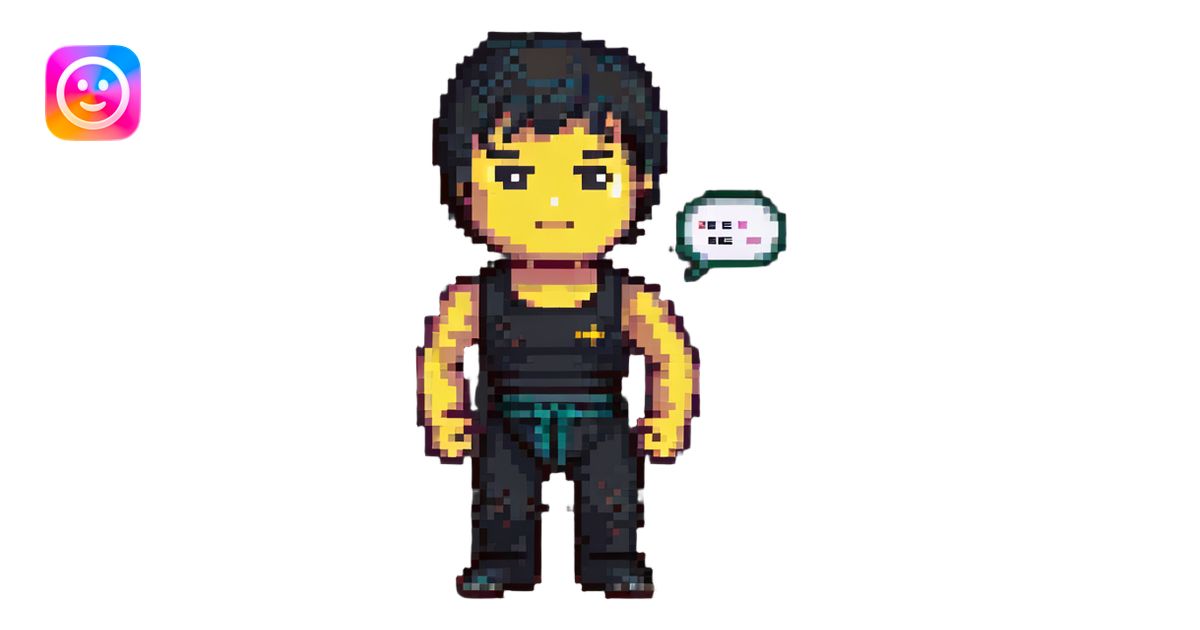 Bruce Lee, calm and wise, pixel art style, with a speech bubble that ...