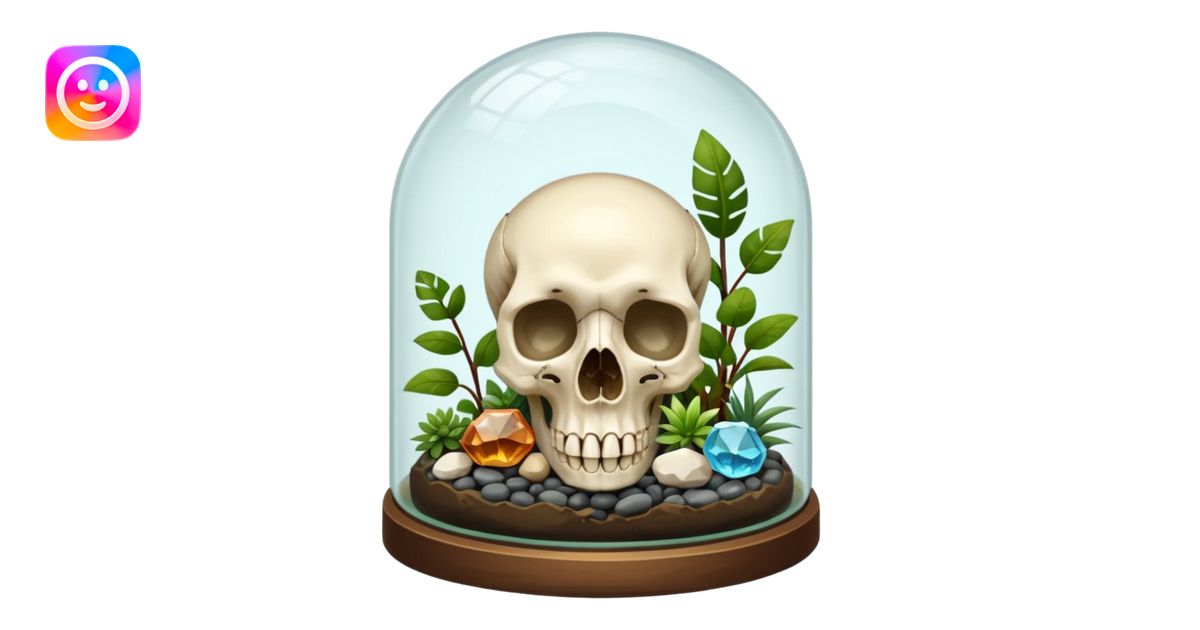 A terrarium glass dome with an animal skull inside, shiny pebbles and ...